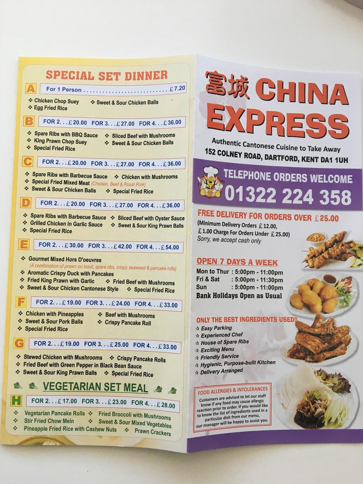 Menu at China Express fast food, Dartford, 152 Colney Rd