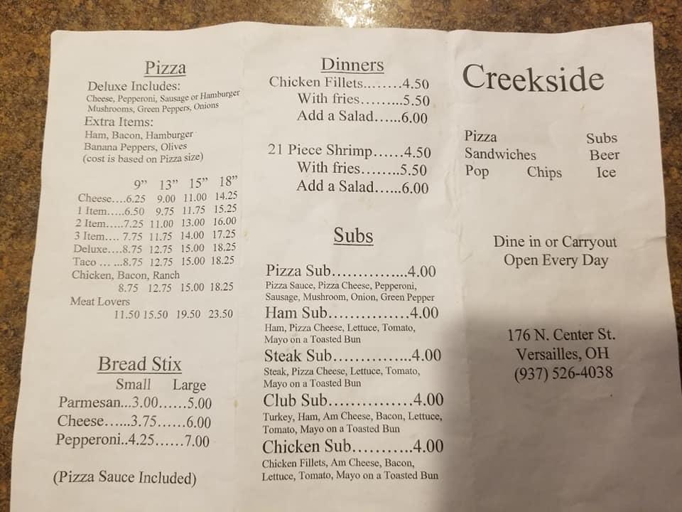 Menu at Creek-Side Drive 'n' Go pizzeria, Versailles