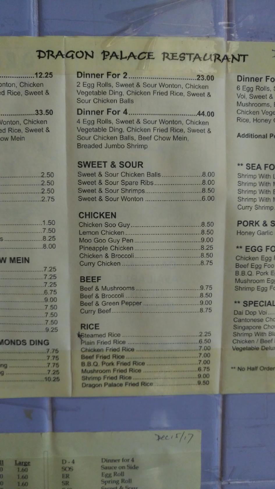 Menu at Dragon Palace restaurant, Sarnia
