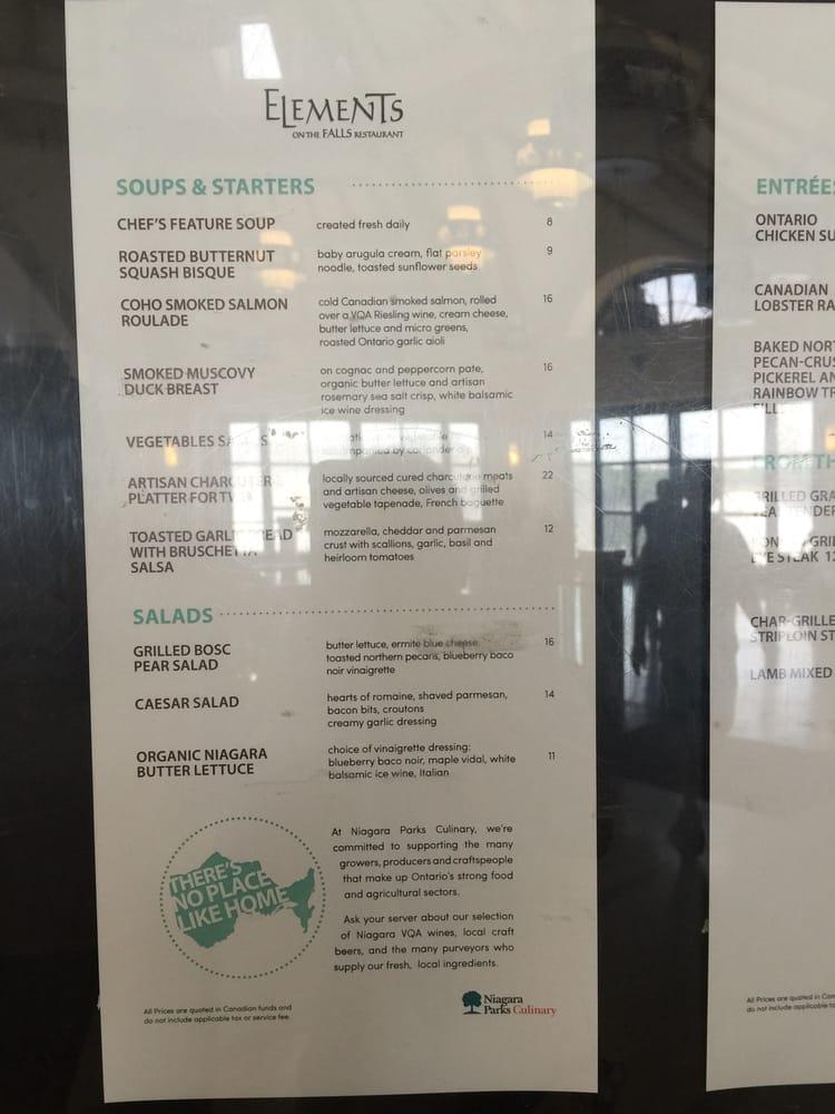 Menu at Elements on the Falls restaurant, Niagara Falls