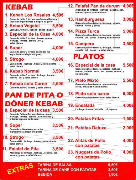 Carta del restaurante Kebab Los Rosales., Vélez-Málaga