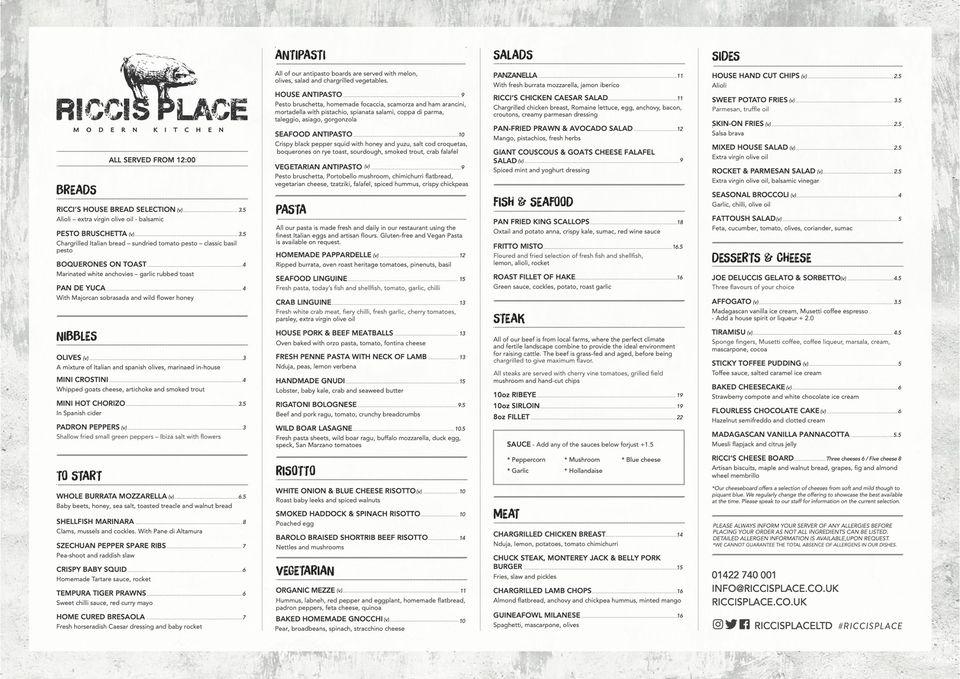 Menu at Ricci’s Place restaurant, Halifax