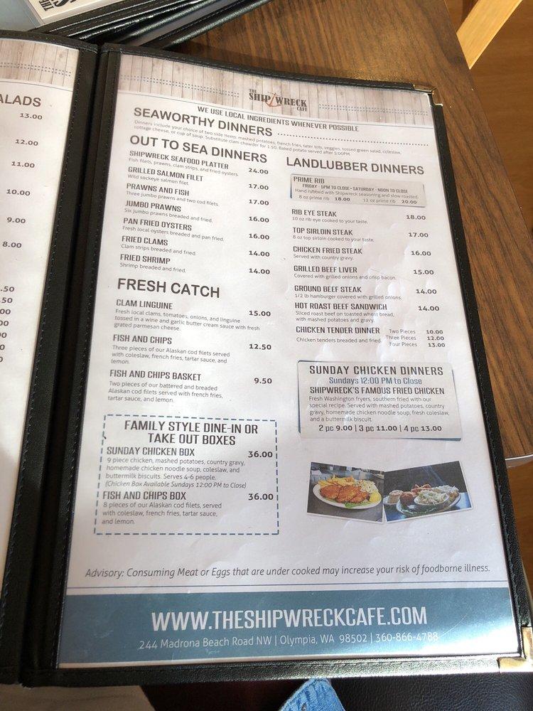 Menu at Shipwreck Cafe, Olympia