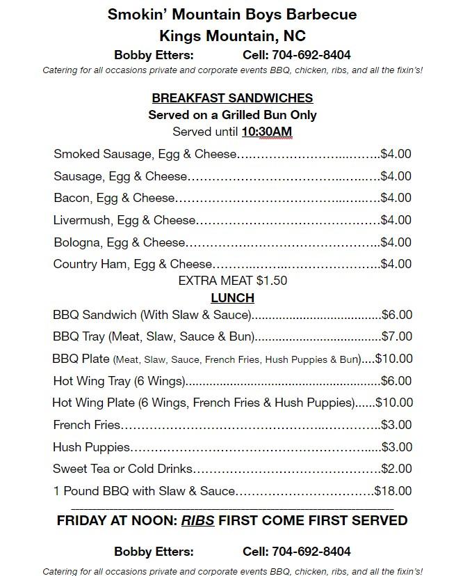 Menu at Smokin Mountain Boys BBQ Kings Mountain, Kings Mountain