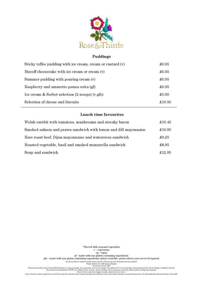 Menu at The Rose and Thistle pub & bar, Fordingbridge