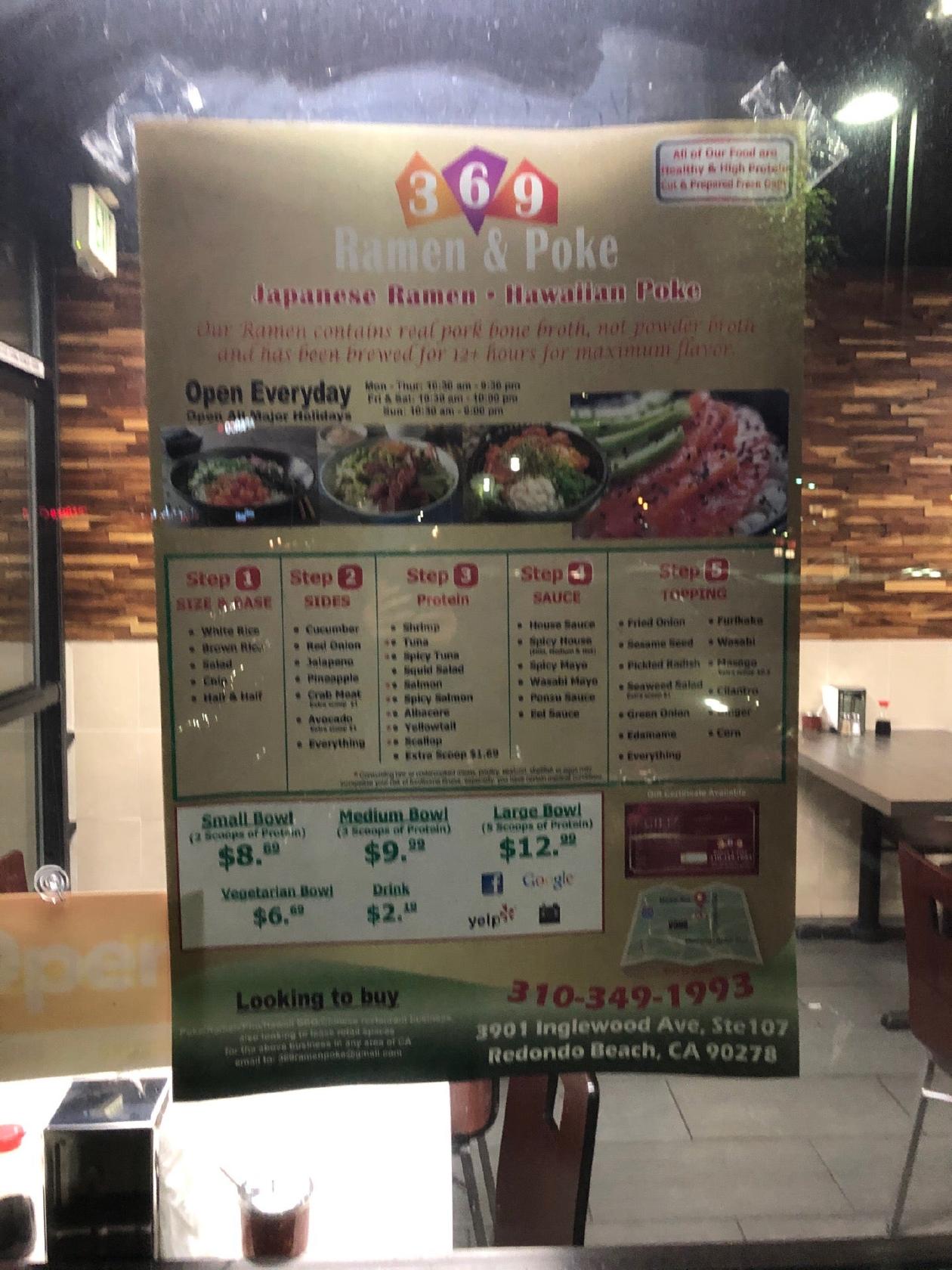 Menu at 369 Ramen & Poke & Sushi restaurant, Redondo Beach
