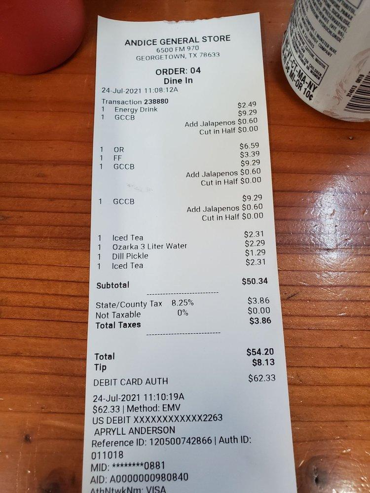 Menu at Andice General Store restaurant, Georgetown