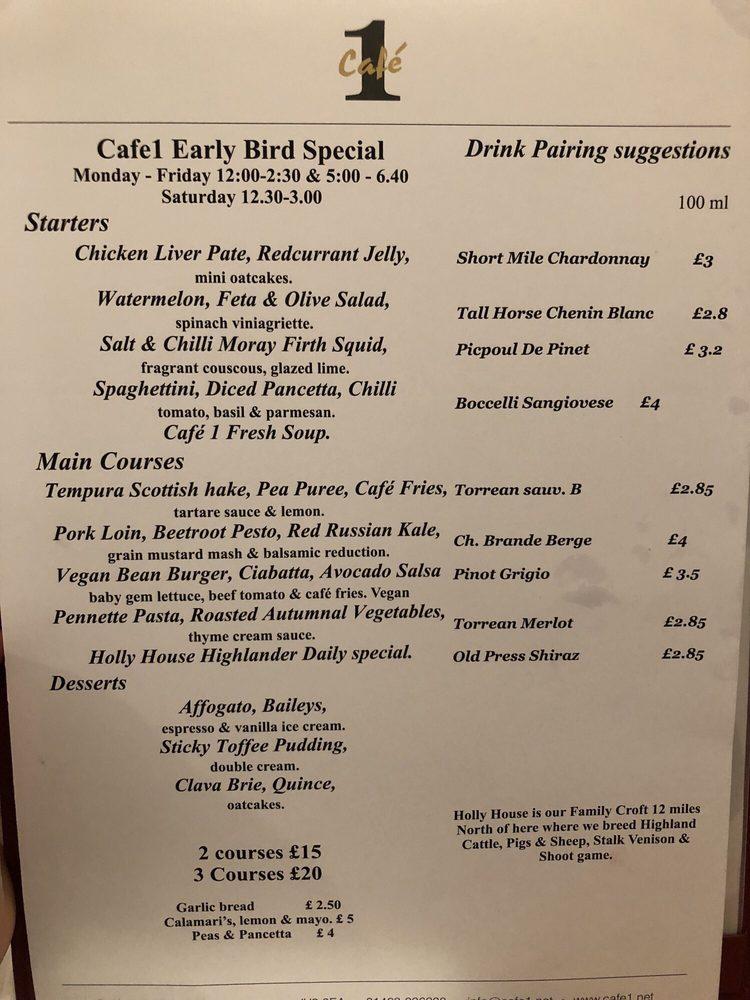 Menu at Cafe One, Inverness