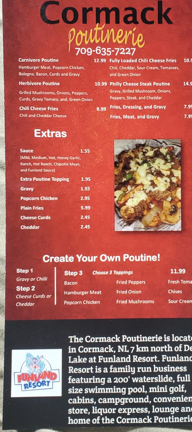 Menu at Cormack Poutinerie restaurant, Cormack, 34 Veterans Dr