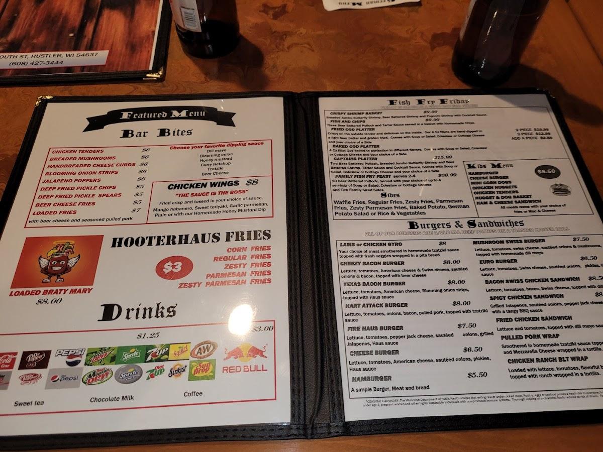 Menu at Hart's Hooterhaus pizzeria, Hustler