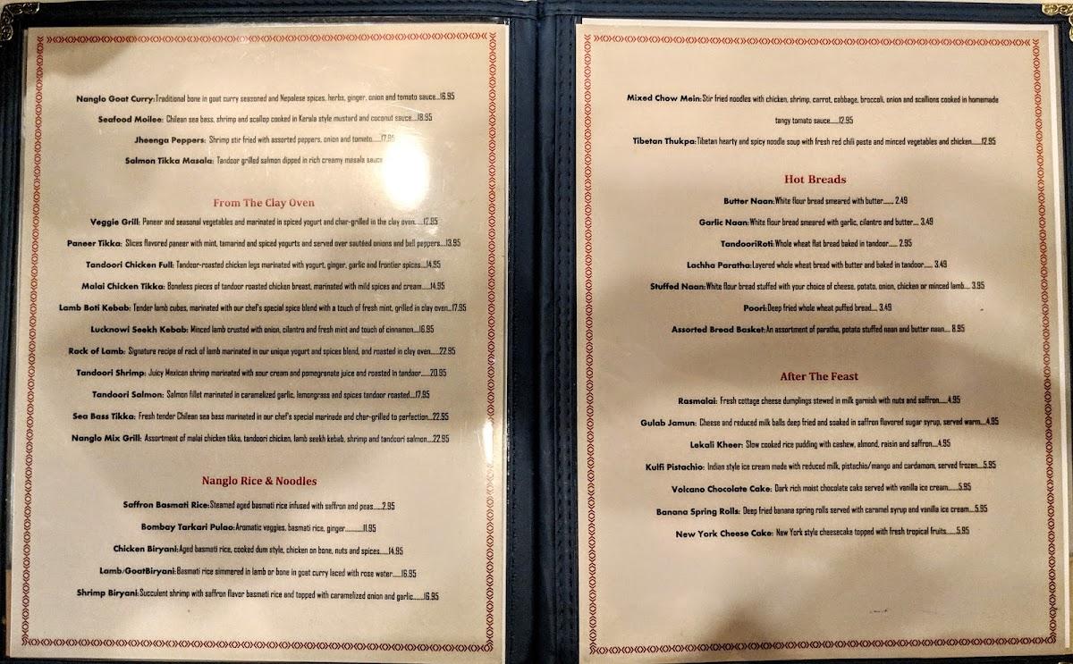 Menu at Nanglo Indian And Nepalese Restaurant, Euless