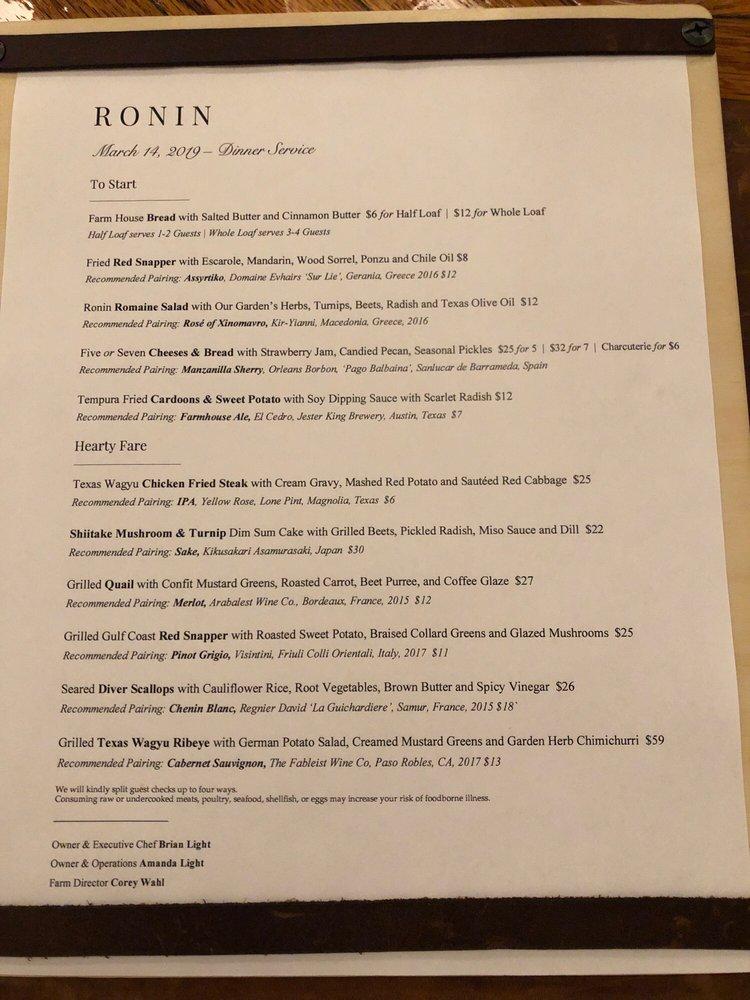 Menu at Ronin Restaurant, Bryan