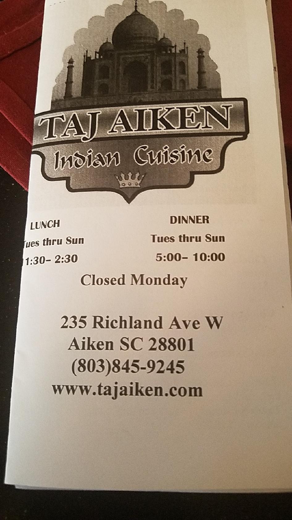 Carta del restaurante Taj Aiken Indian Cuisine, Aiken, 213 Richland Ave W