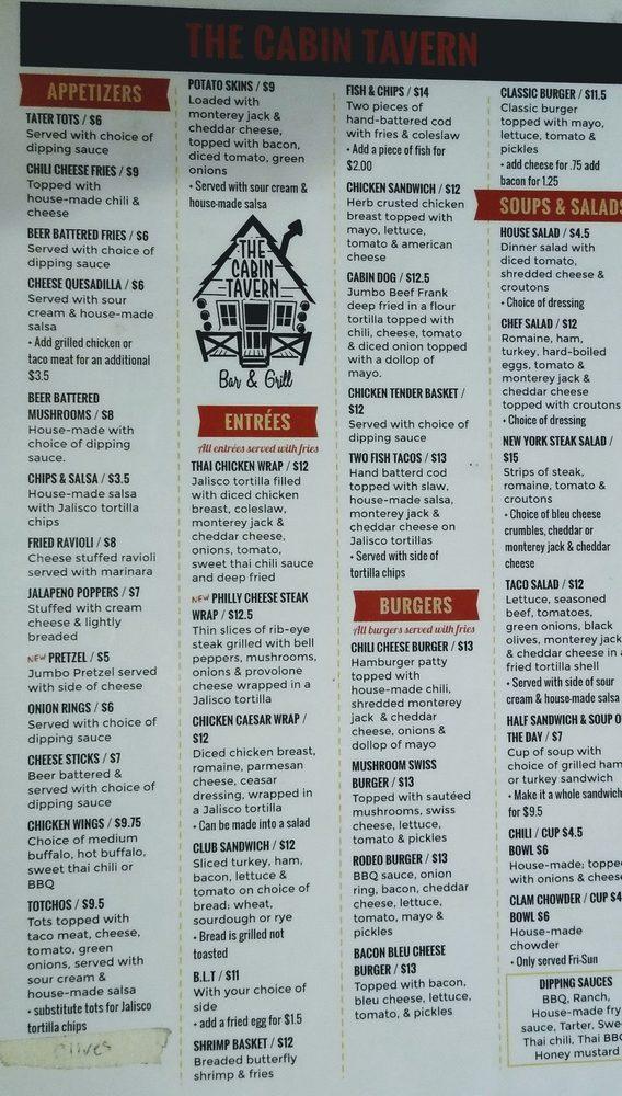 Carta del pub y bar The Cabin Tavern, Shelton