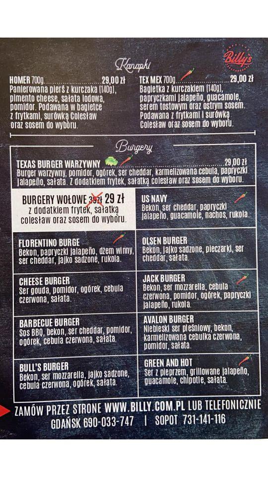 Menu at Billy's American Restaurant, Sopot