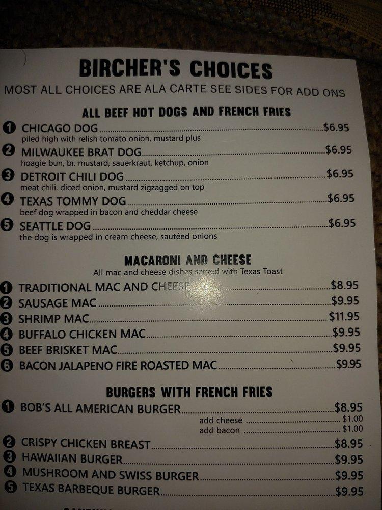 Menu at Bircher's Grill restaurant, Lewiston