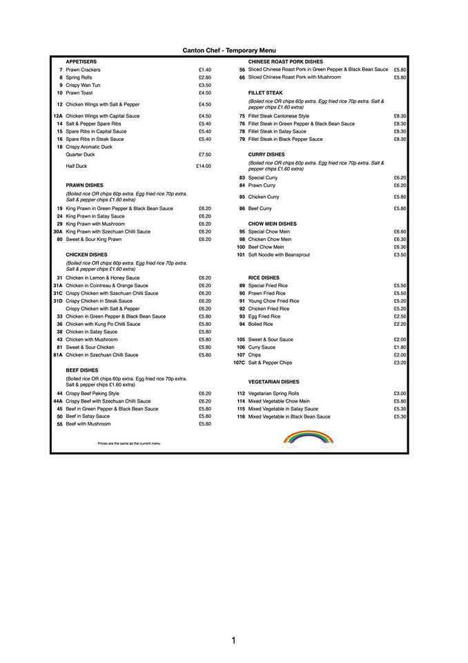 Menu at Canton Chef Cantonese restaurant, Cleator Moor