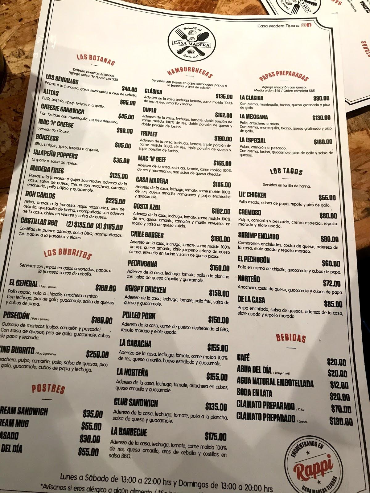 Menu at Casa Madera Restaurante, Tijuana