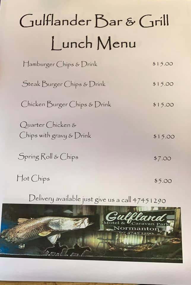 Menu at Gulfland Motel And Caravan Park restaurant, Normanton