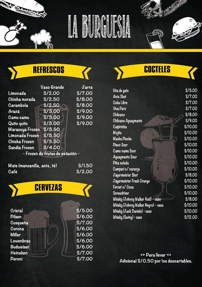 Menu at La Burguesia restaurant, Peru, Jiron Los Oropeles 788