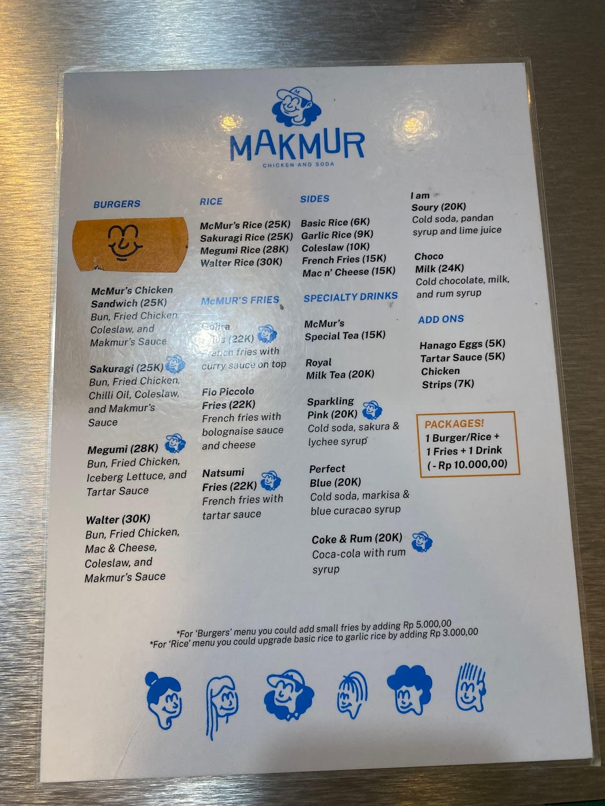 Menu at MAKMUR Chicken & Soda restaurant, Yogyakarta