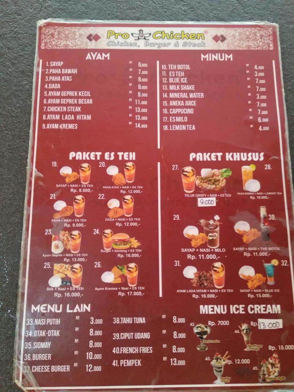 Menu at Pro Ab Chicken Parangkusumo restaurant, Kretek