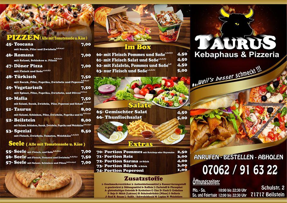 Speisekarte von Taurus Kebaphaus & Pizzeria - Beilstein, Beilstein