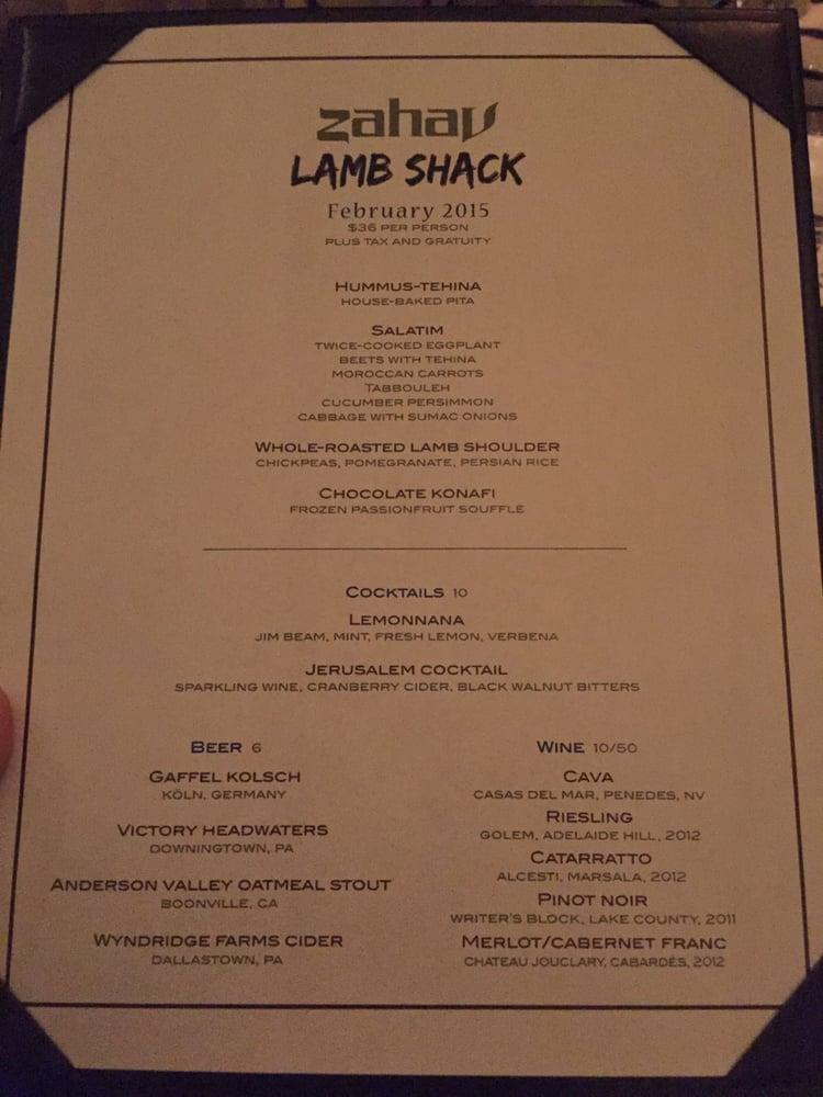 Menu at Zahav restaurant, Philadelphia