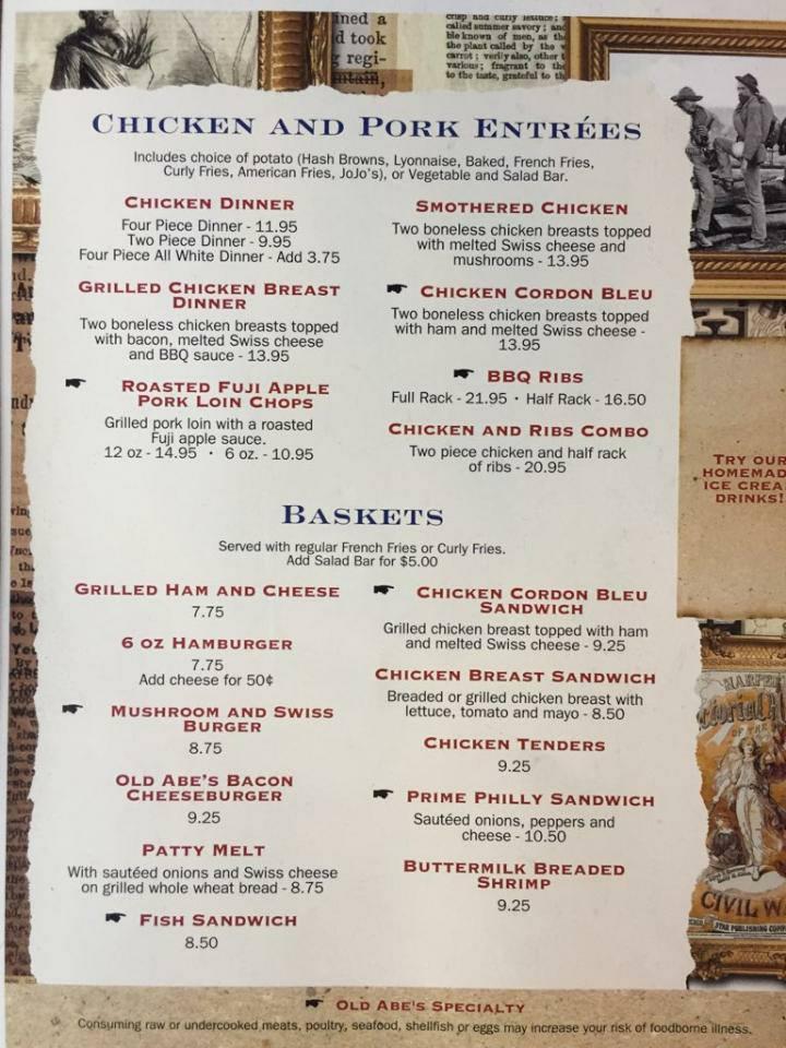 Menu at Old Abe's Supper Club, USA
