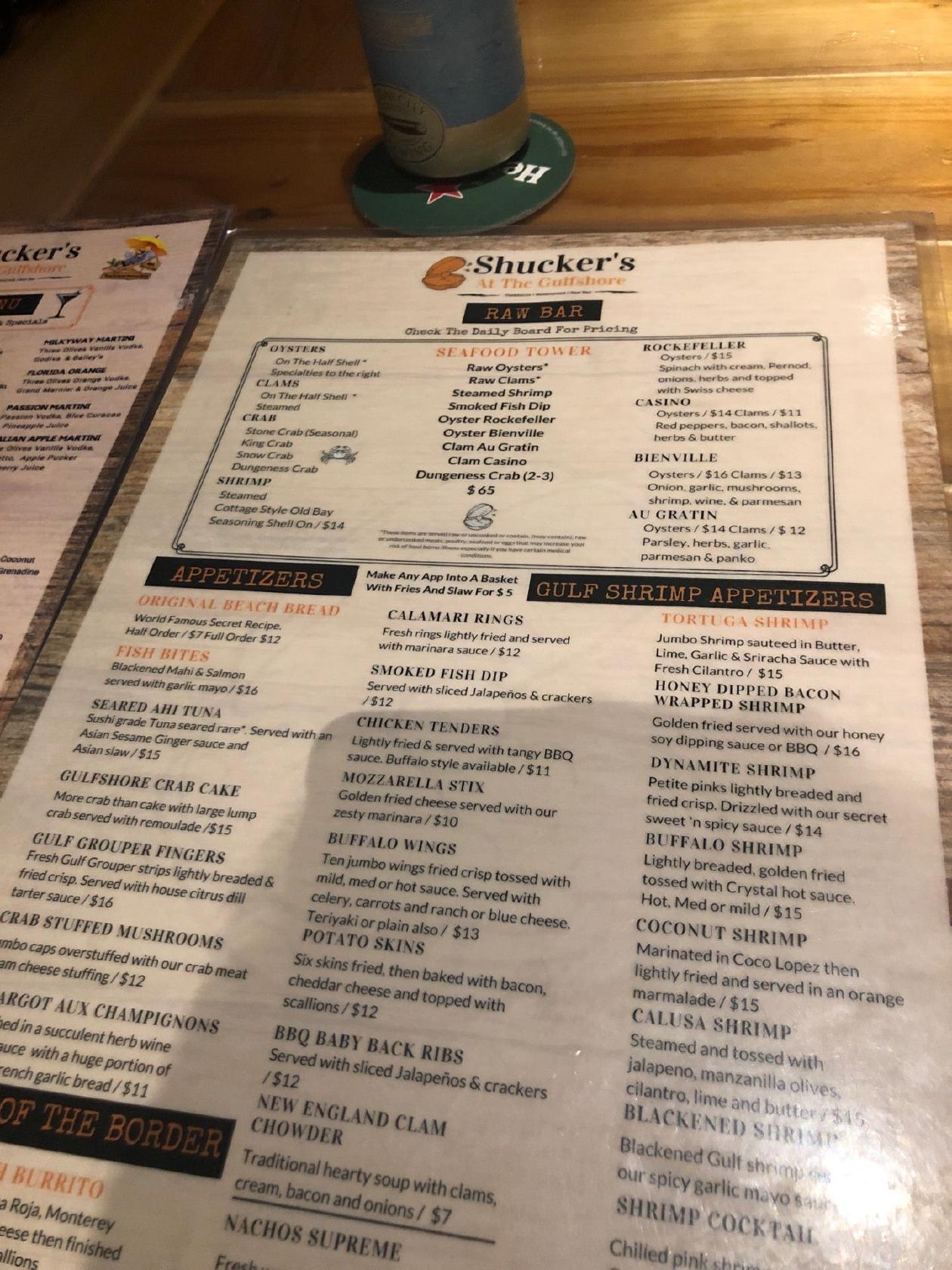 Menu at Shucker's at the Gulfshore and The Cottage Bar, Fort Myers Beach