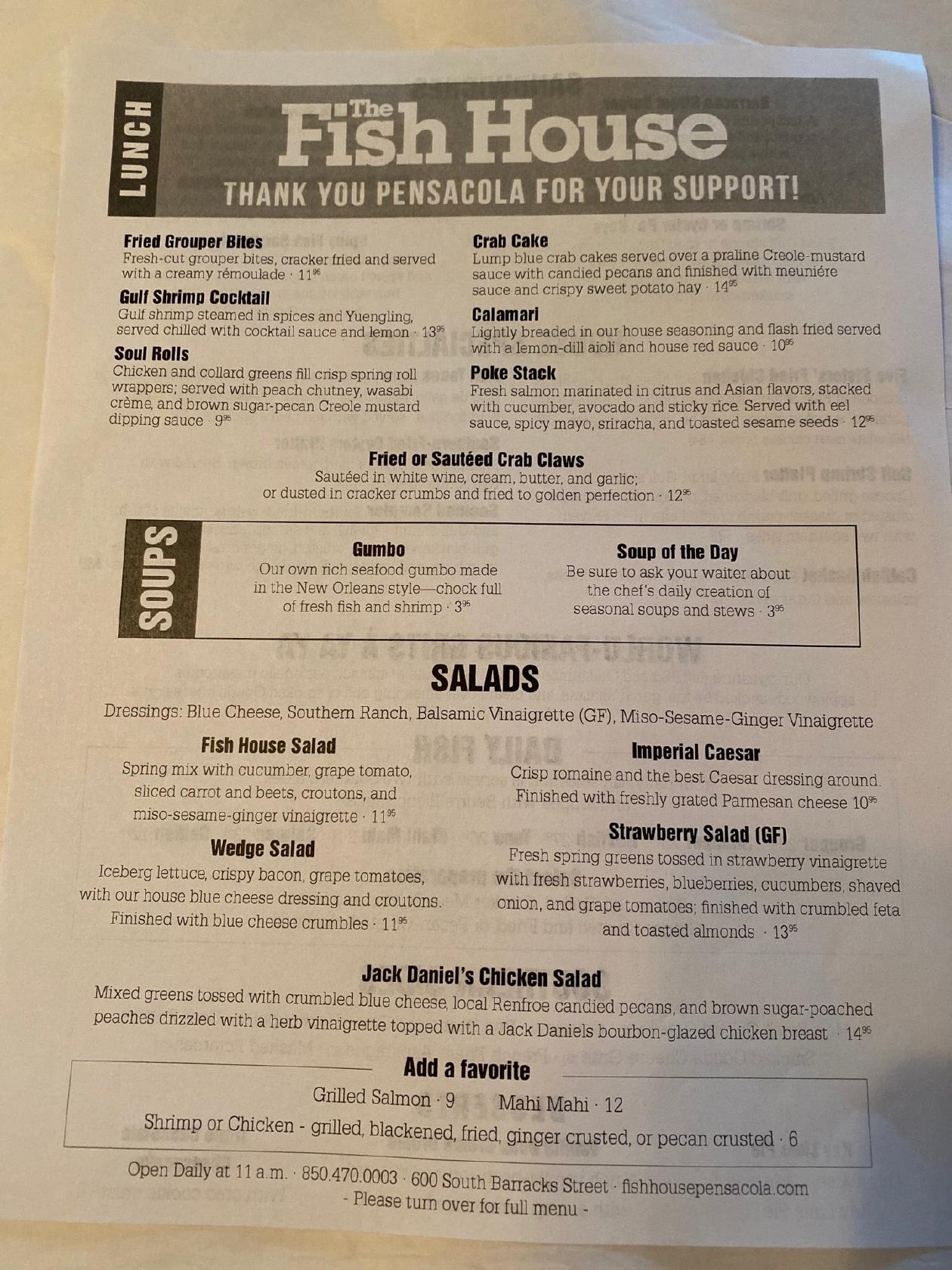 Menu at The Fish House pub & bar, Pensacola
