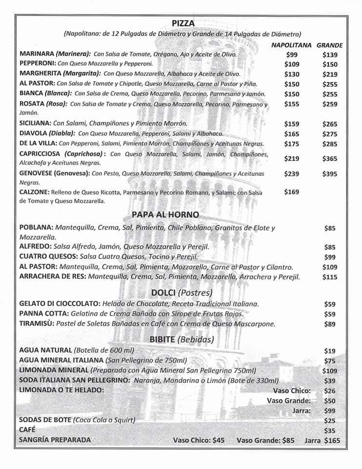 Carta del restaurante Villa italia, Mexicali, Del Jardín 312