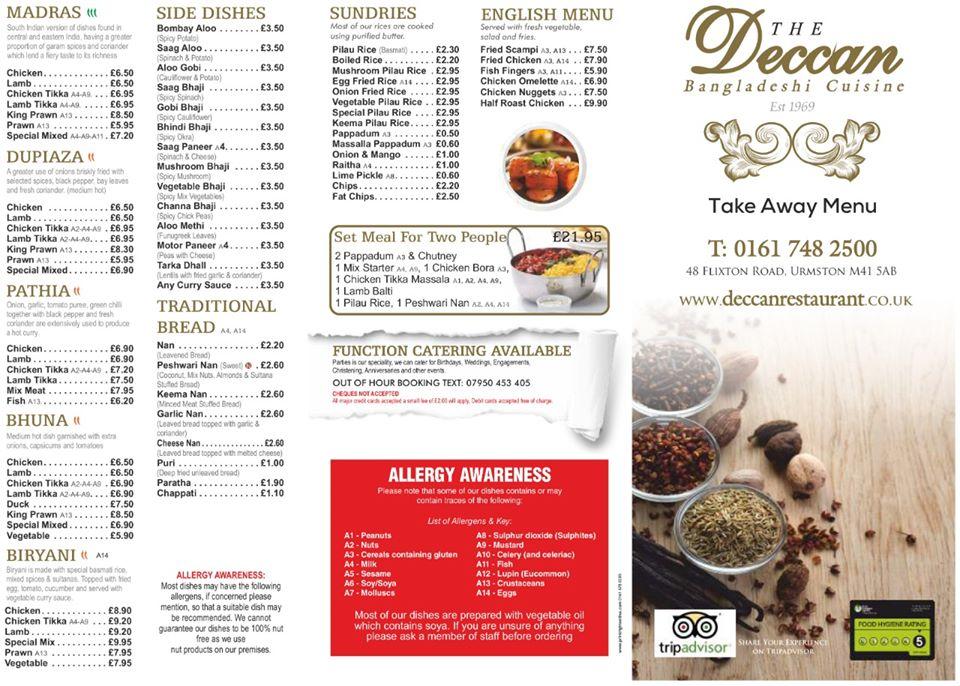 Menu at Deccan restaurant, Manchester