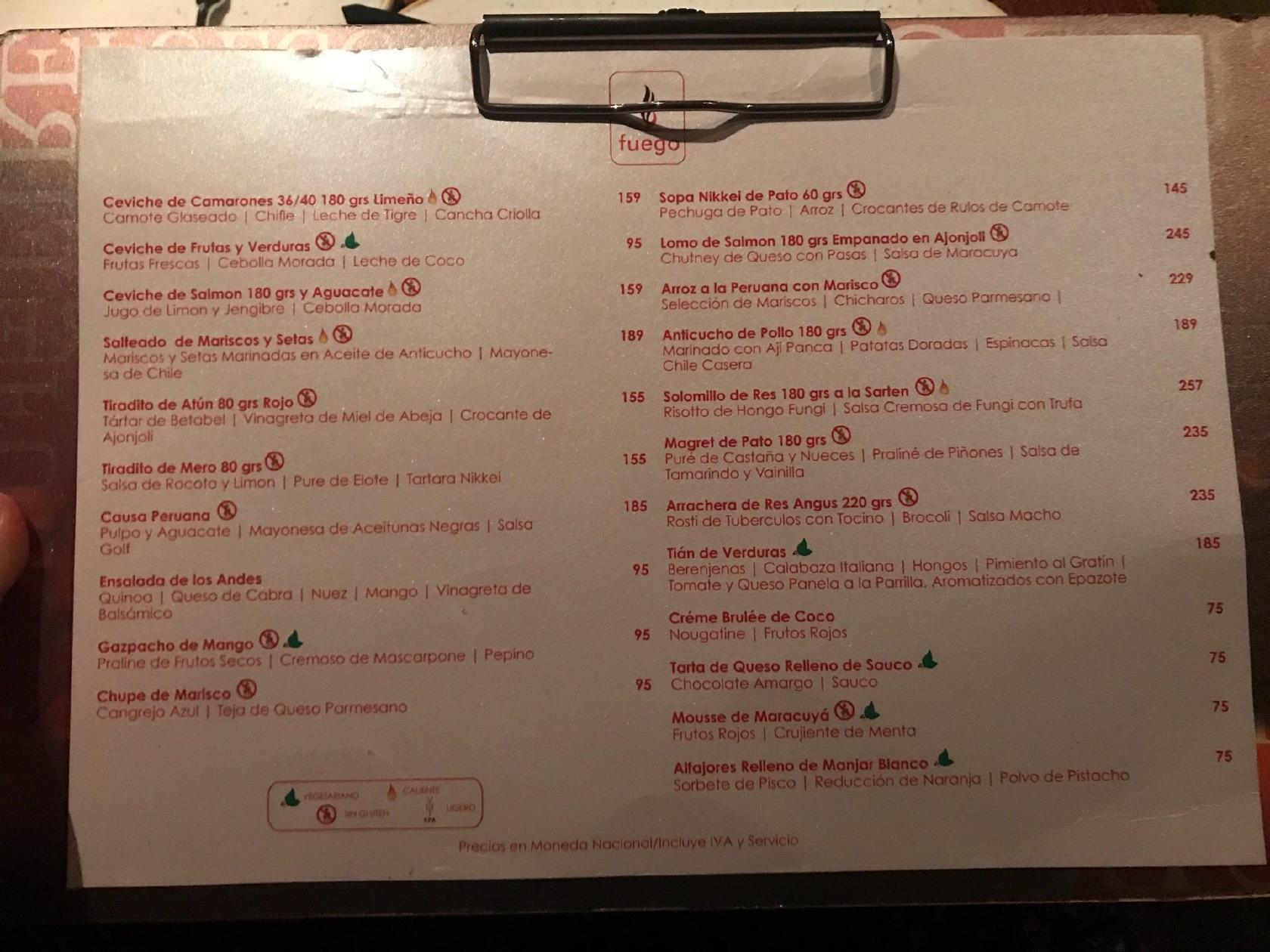 Menu at Fuego restaurant, Cancún