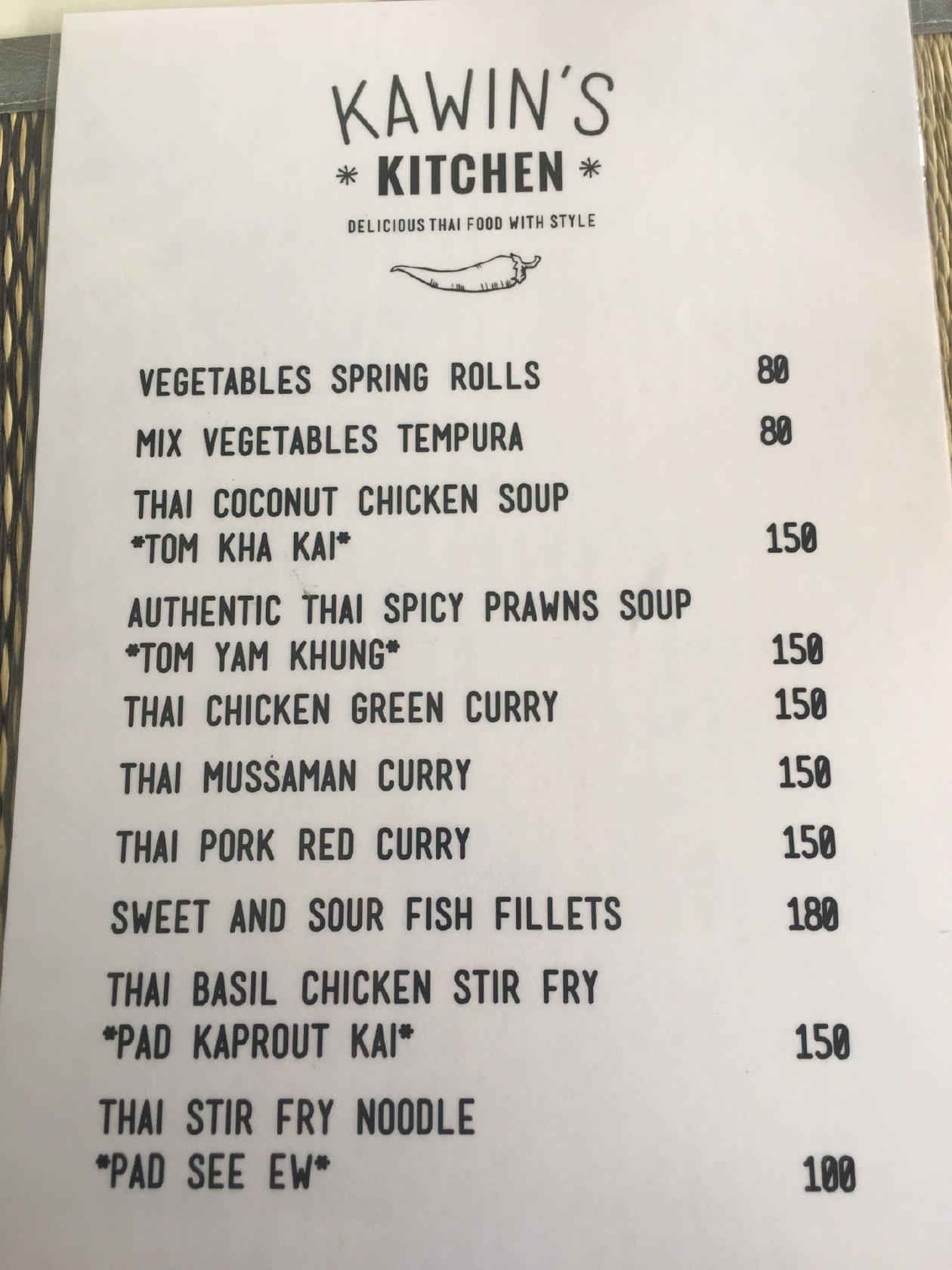 Menu at Kawin's Kitchen restaurant, Ko Samui