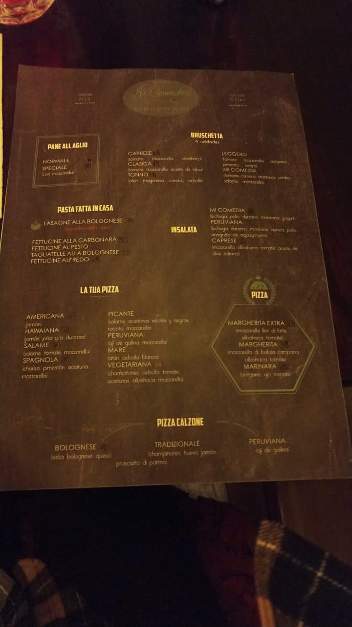 Menu at La comedia restaurant, Huaraz