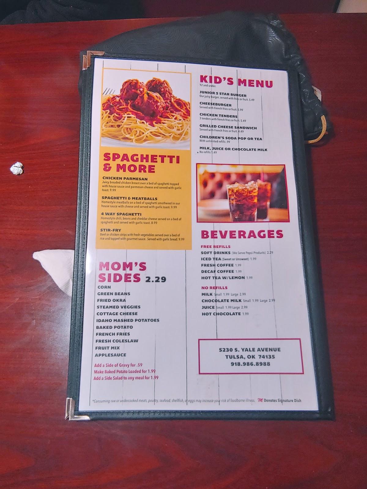 Menu at Mom's Family Diner (on Yale) restaurant, Tulsa, S Yale Ave