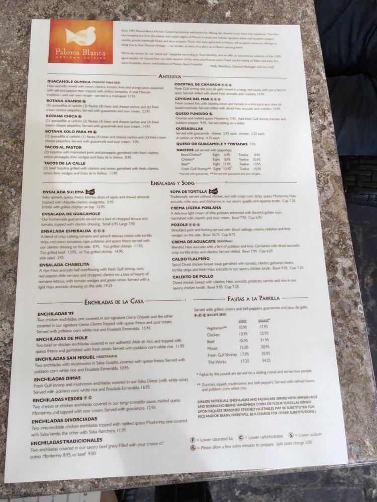 Menu at Paloma Blanca Mexican Cuisine restaurant, San Antonio