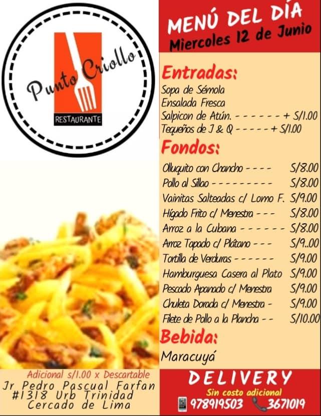 Menu at Punto Criollo restaurant, Lima, Pedro Pascual Farfan 1318