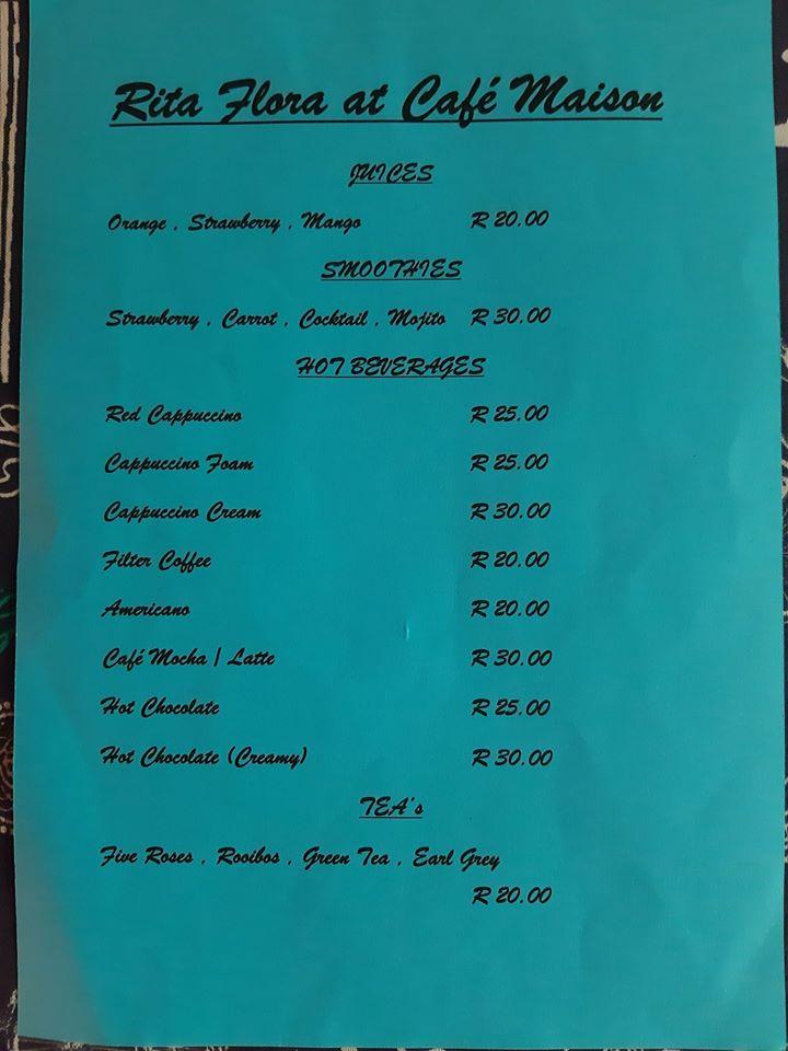Menu at Rita Flora at Cafe Maison, Pretoria