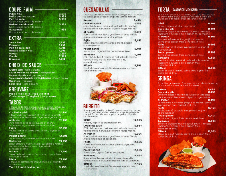 Menu at Taco-Lys restaurant, Joliette