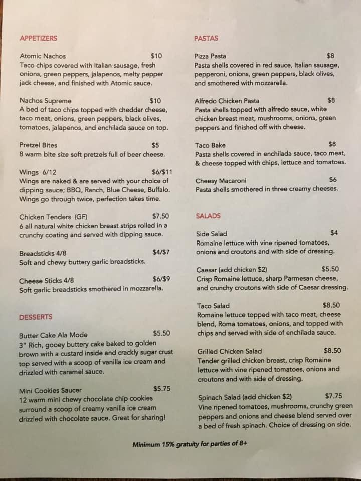 Menu at Atomic Pizza Pub, Cresco