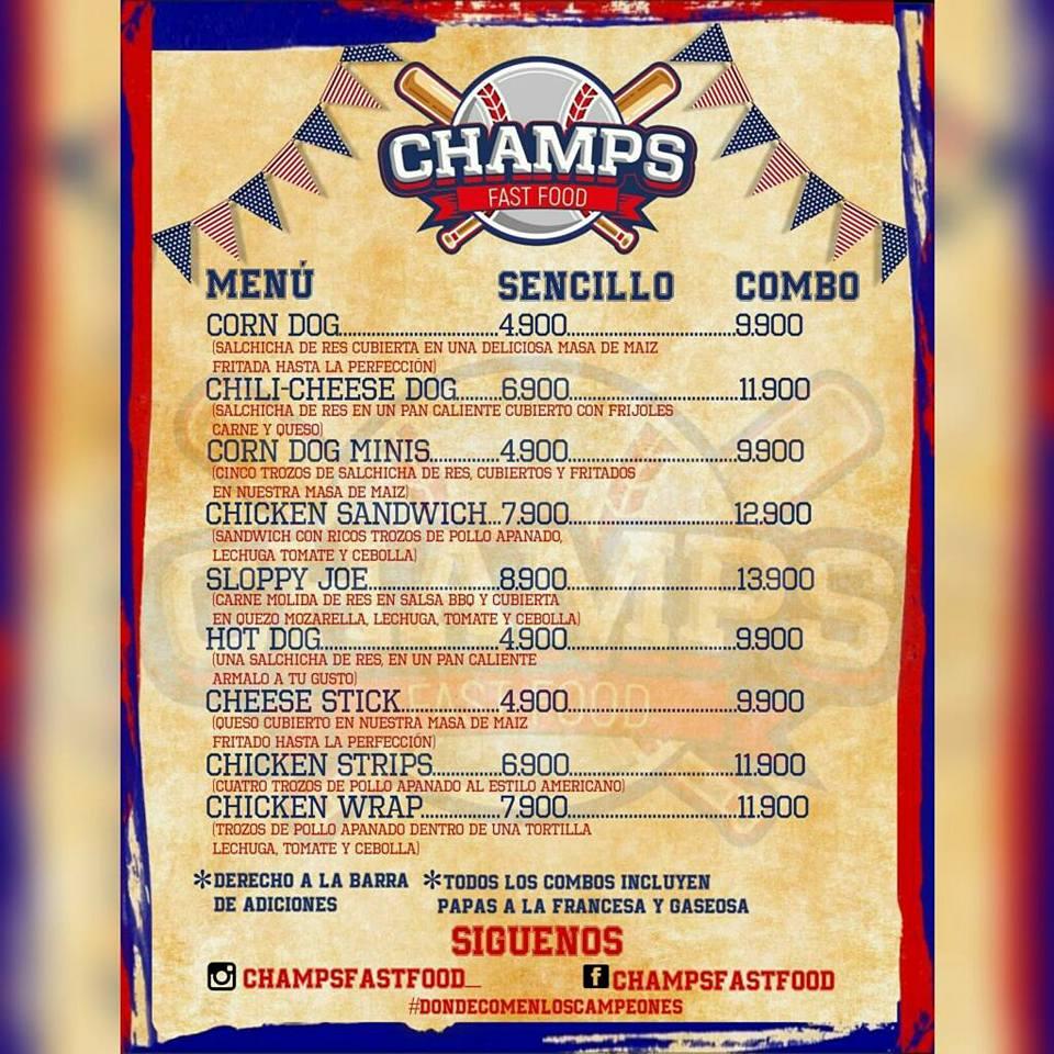 Menu at Champs Fast Food, Medellín