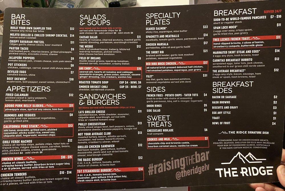 Menu at The Ridge Bar & Grill, Las Vegas