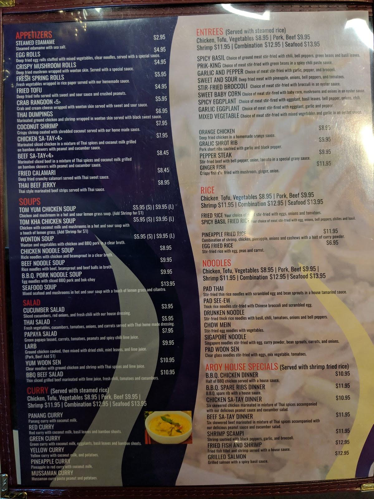 Menu at Aroy Thai Kitchen restaurant, Las Vegas