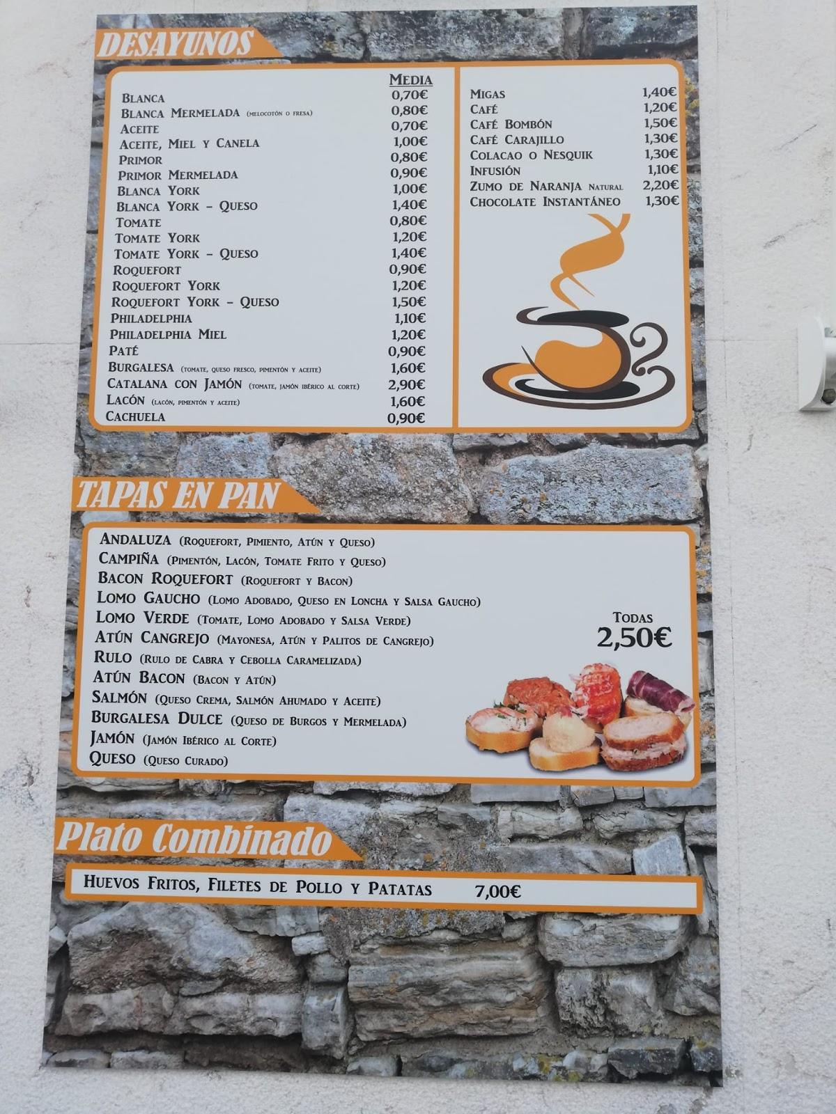 Carta de Café Bar El Caldero, Olivenza