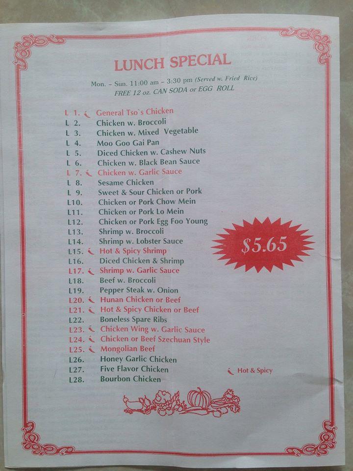 Menu at China One restaurant, Griffin