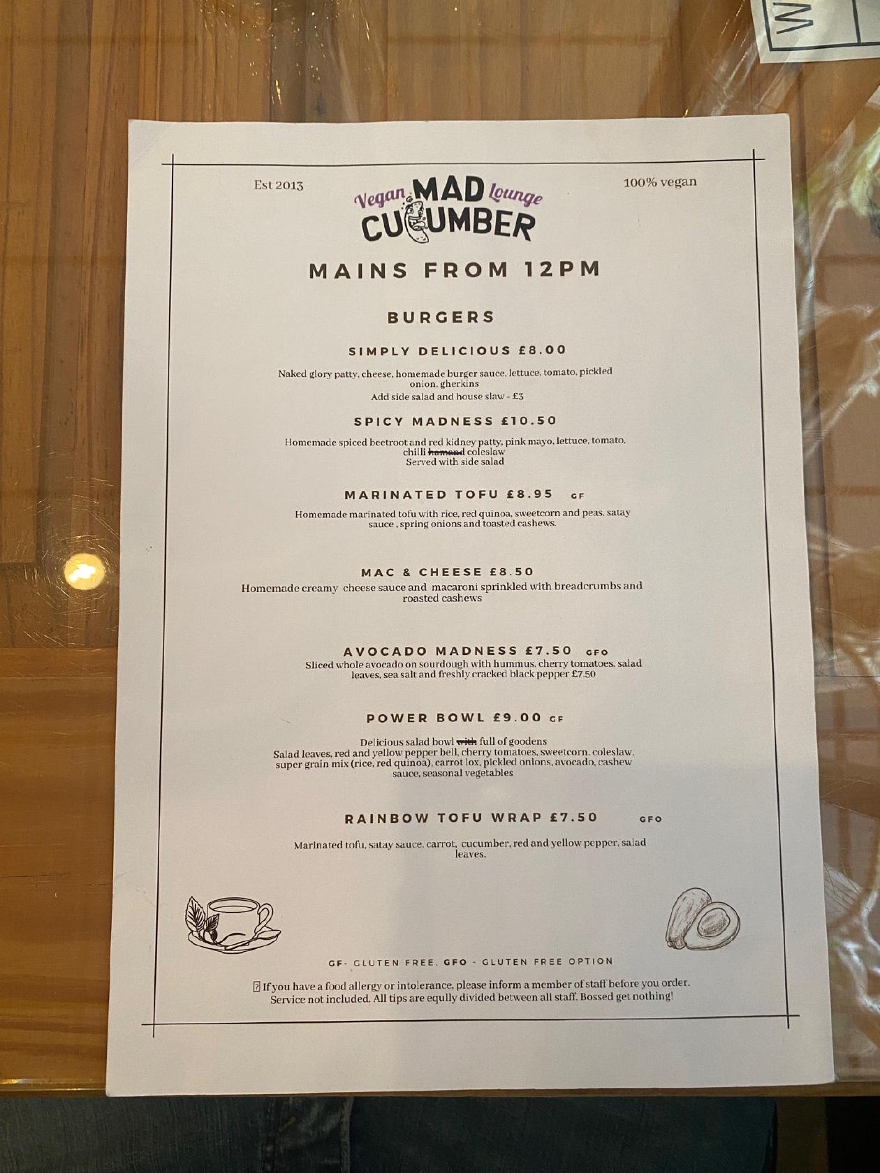 Menu at Mad Cucumber restaurant, Bournemouth