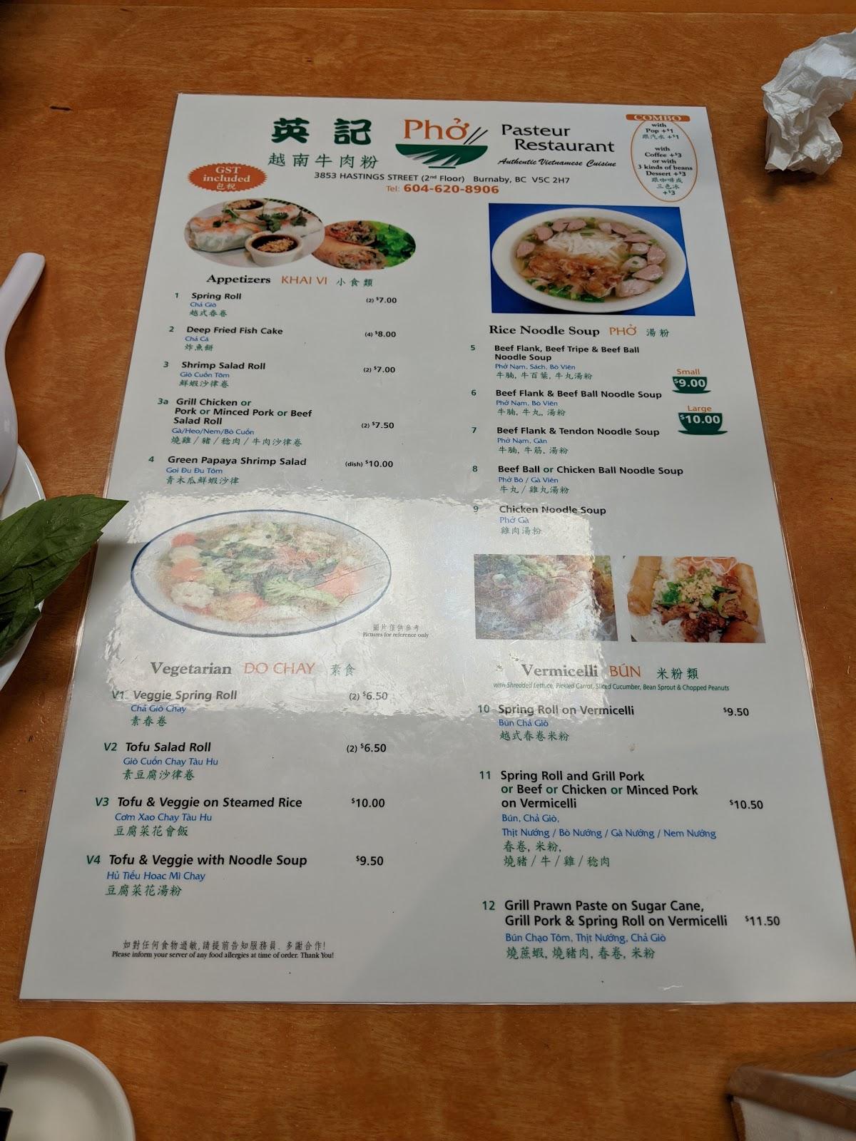 Menu at Phở Pasteur Restaurant, Burnaby