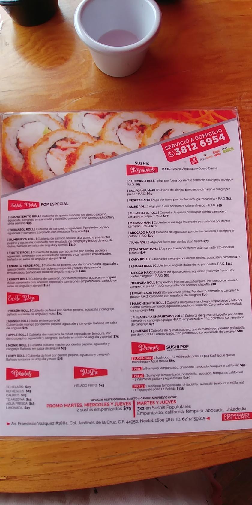 Carta del restaurante Sushi Pop, Guadalajara, C. Francisco Vázquez ...